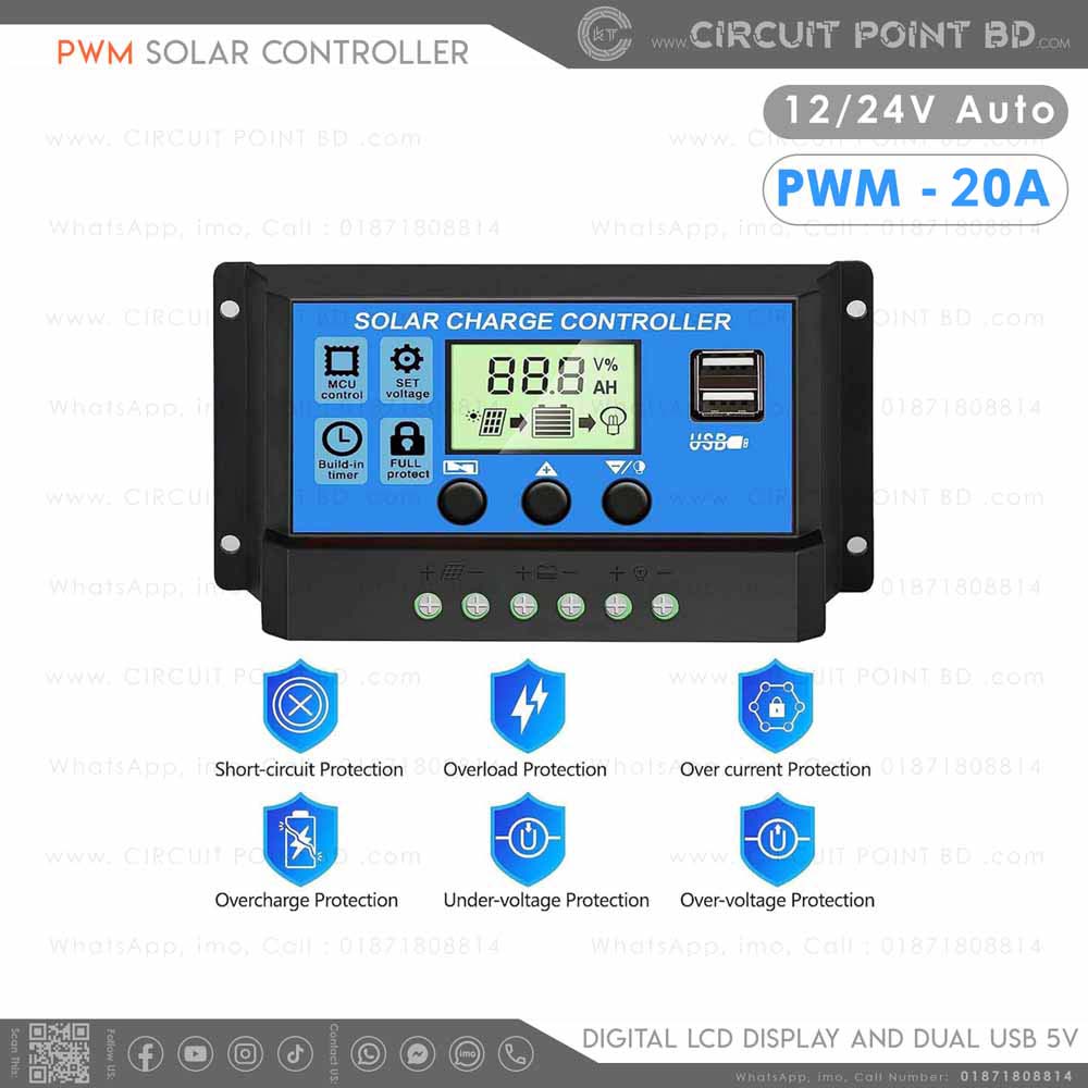 PWM 20A Intelligent Solar Charge Controller 12V/24V with Digital LCD ...